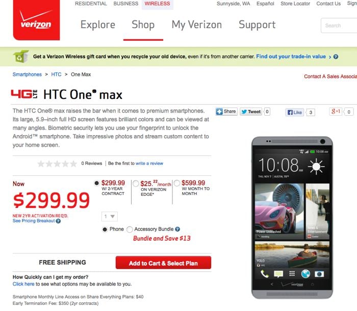 Verizon HTC One Max Pricing Details Leaked
